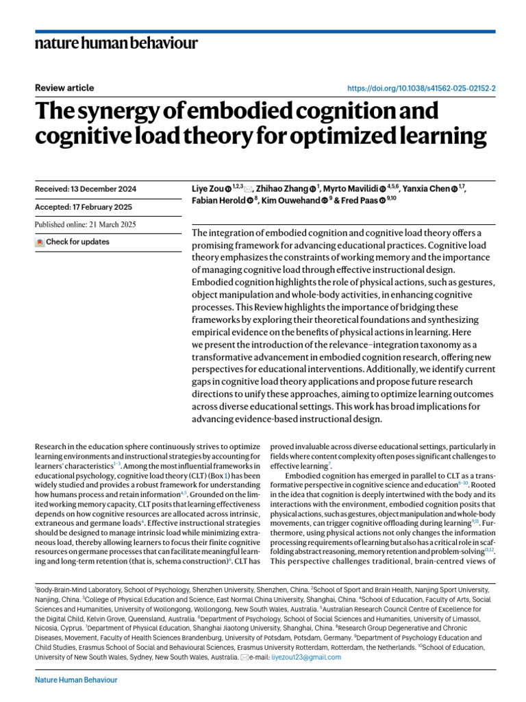 Embodied Cognition & Cognitive Load in Learning | PDF | Embodied ...