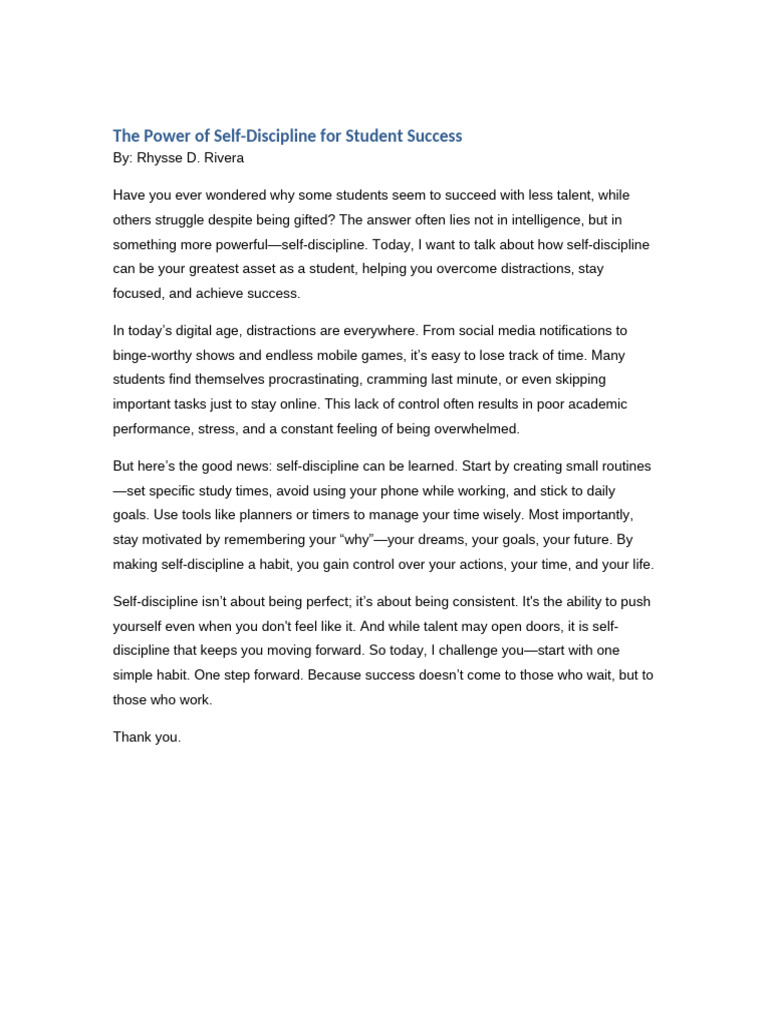 Self-Discipline: Key to Student Success | PDF