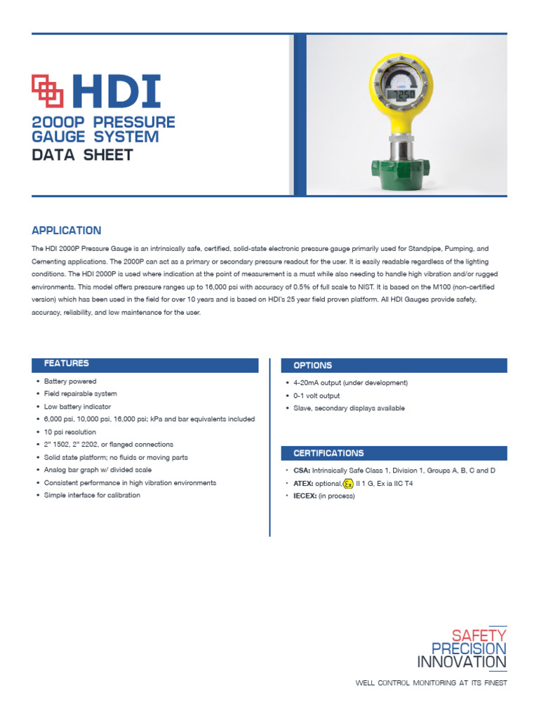 HDI 2000P Pressure Gauge Data Sheet | PDF | Pressure Measurement | Pressure