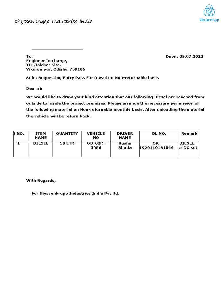 Diesel Gatepass request 04 | PDF