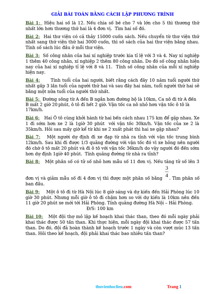 Bai Tap Toan Lop 8 GIAI BAI TOAN BANG CACH LAP PHUONG TRINH | PDF