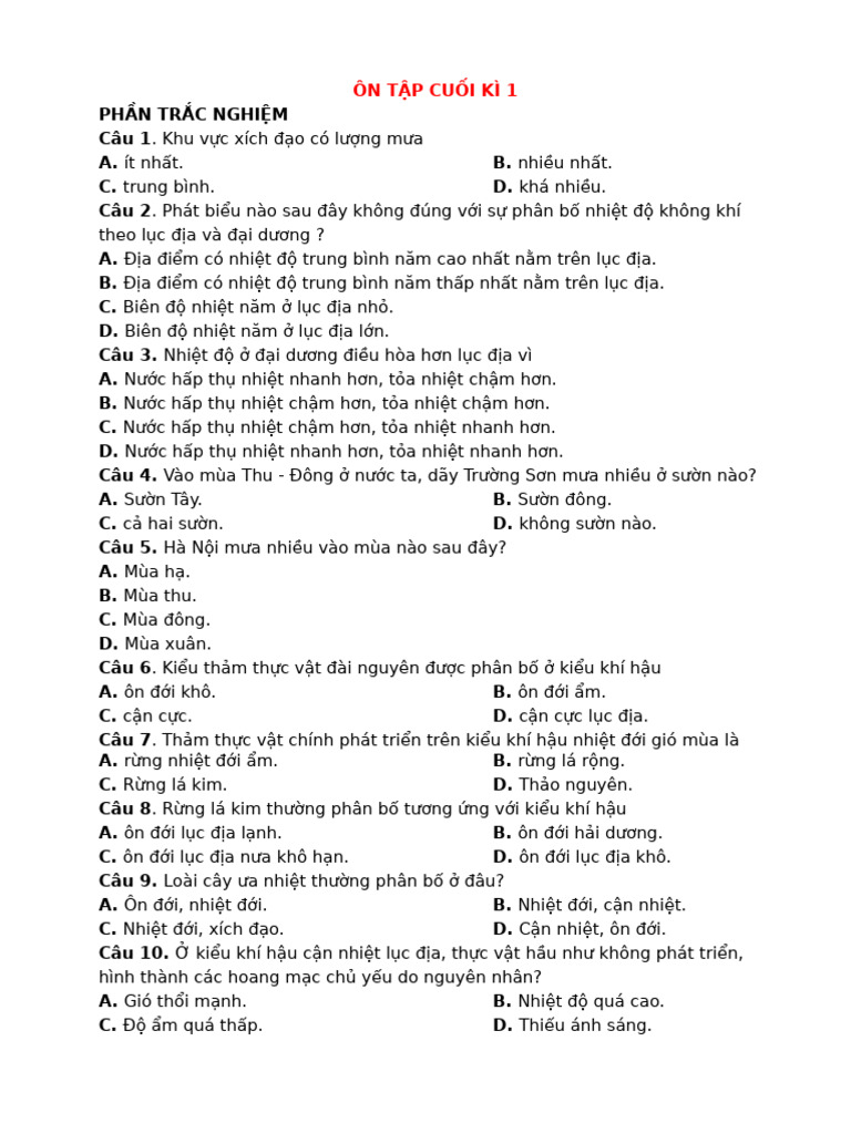 ÔN TẬP CUOI KI 1 - K10 | PDF