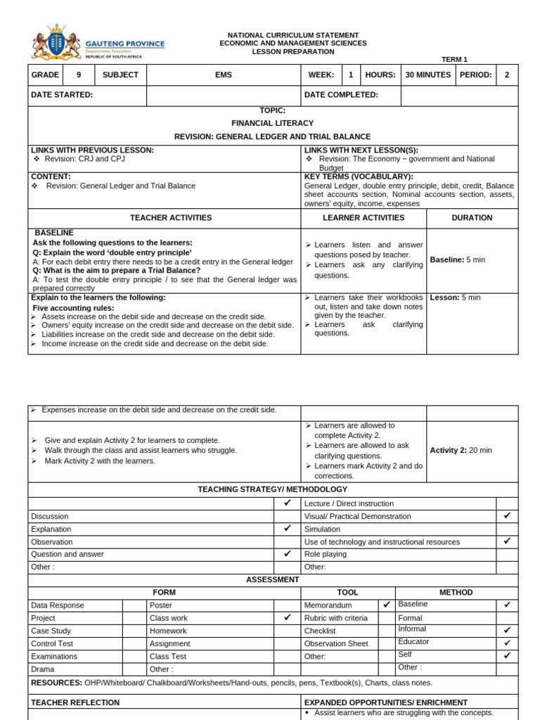 WEEK 1 LESSON PLAN 2 - Rev - GL & TB | PDF | Debits And Credits ...