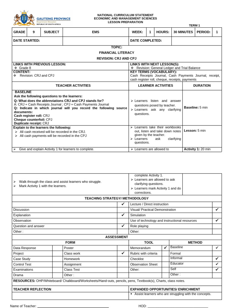 WEEK 1 LESSON PLAN 1 - Rev CRJ & CPJ | PDF | Cheque | Learning
