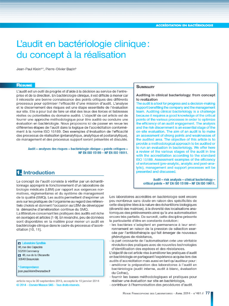L Audit en Bactériologie Clinique - Du Concept À La Réalisation - PDF | PDF