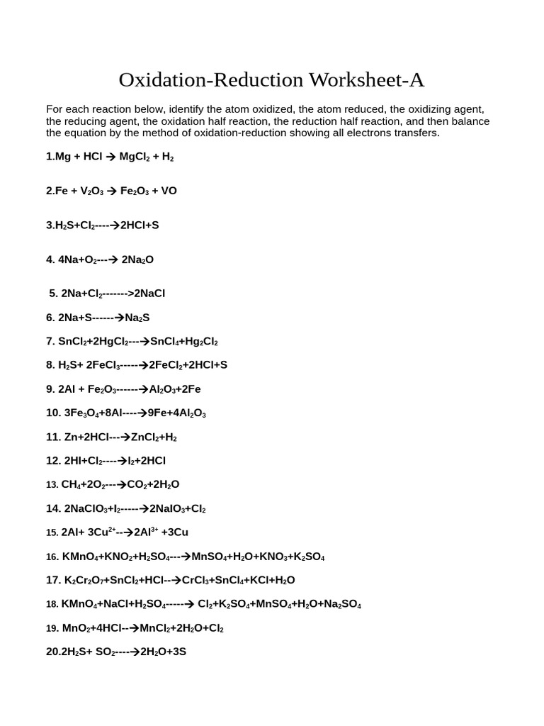 Oxidation Reduction Worksheet-A | PDF