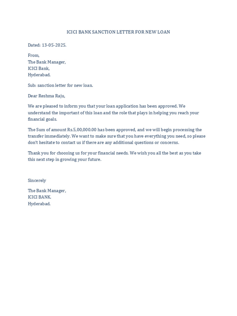 Icici Bank Sanction Letter For New Loan | PDF