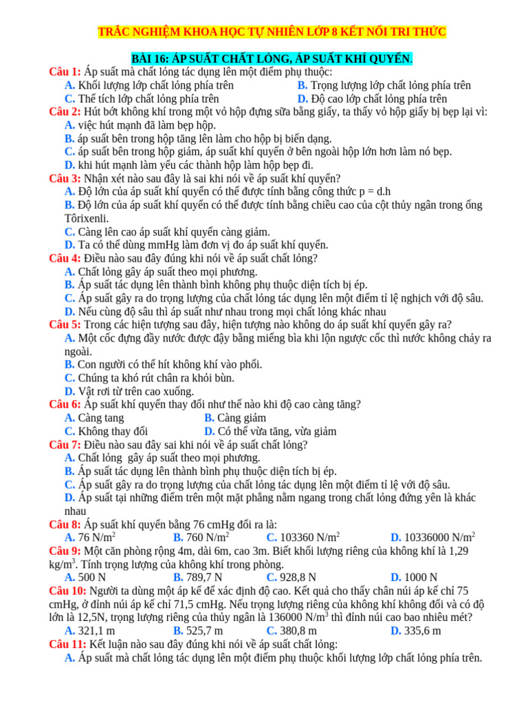 Trac Nghiem KHTN 8 KNTT Bai 16 | PDF