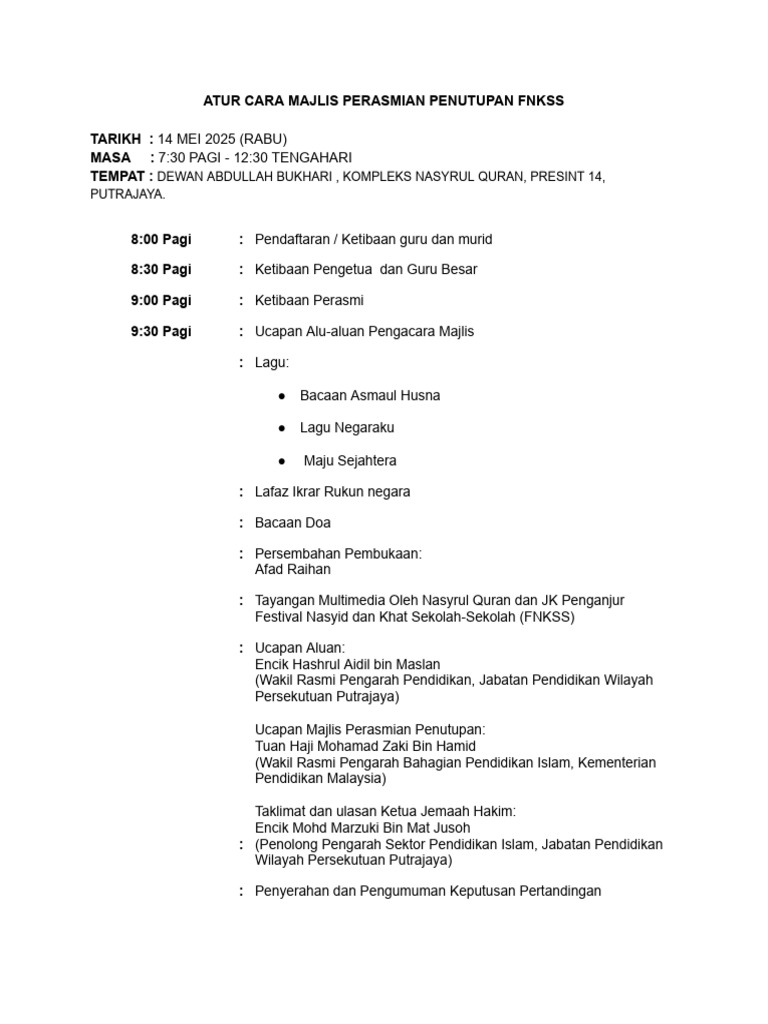 Aturcara Majlis Perasmian Penutupan Fnkss (3) 1 | PDF