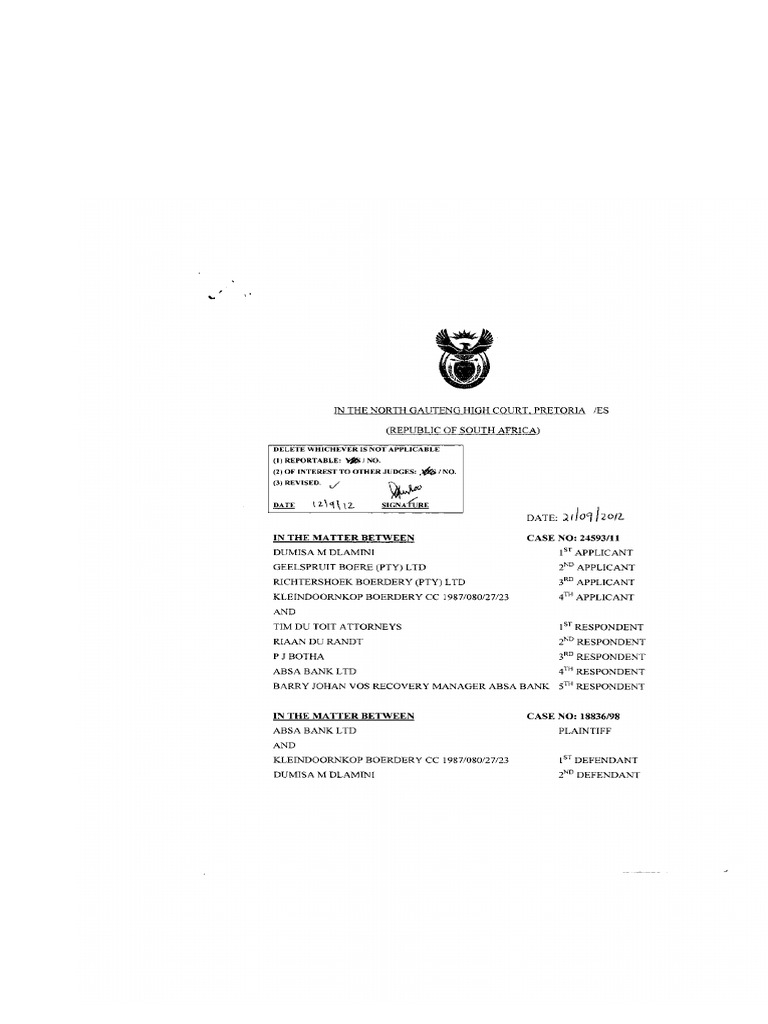 Dumisa M Dlamini and Others V ABSA | PDF | Liquidation | Contempt Of Court