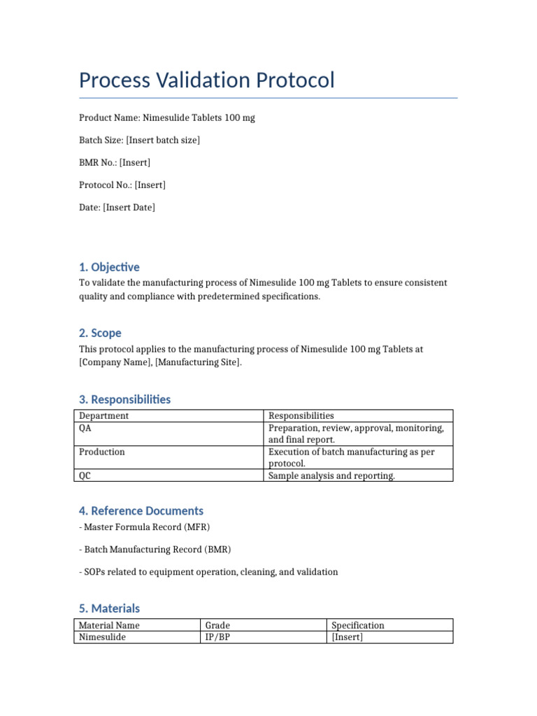 Nimesulide 100mg Process Validation Protocol | PDF | Tablet (Pharmacy)