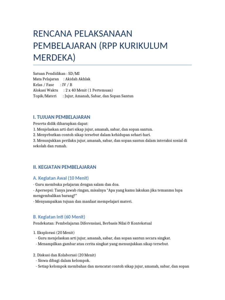 RPP Kurmer Akidah Akhlak Kelas 4 | PDF