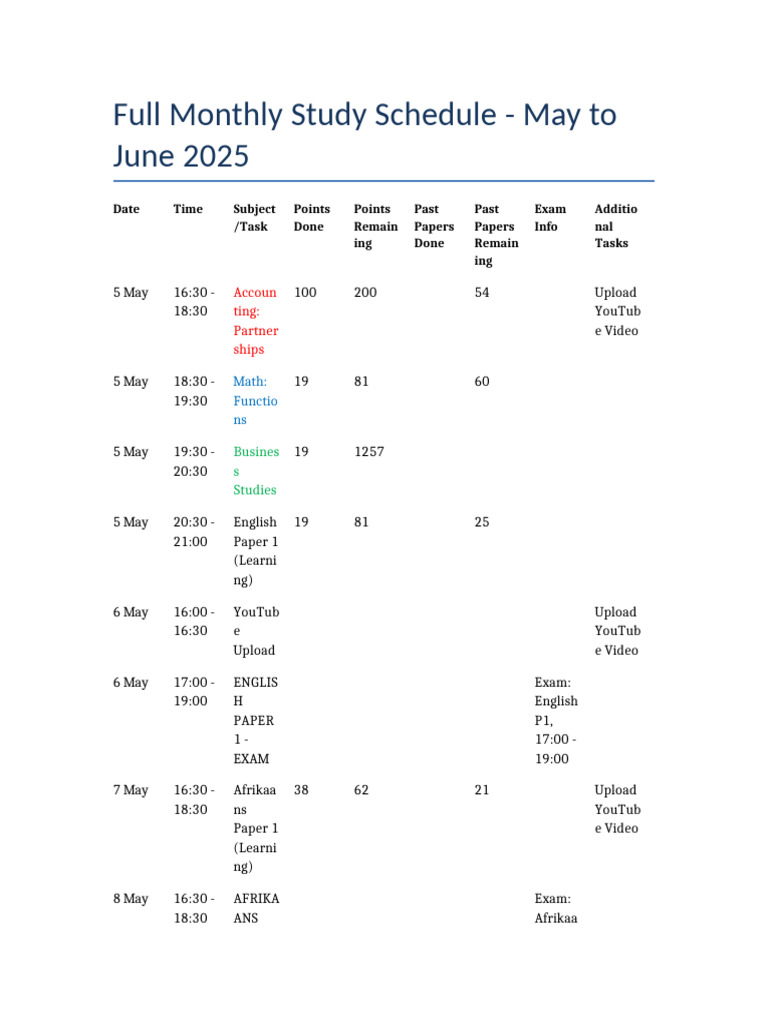 May-June 2025 Study Schedule | PDF