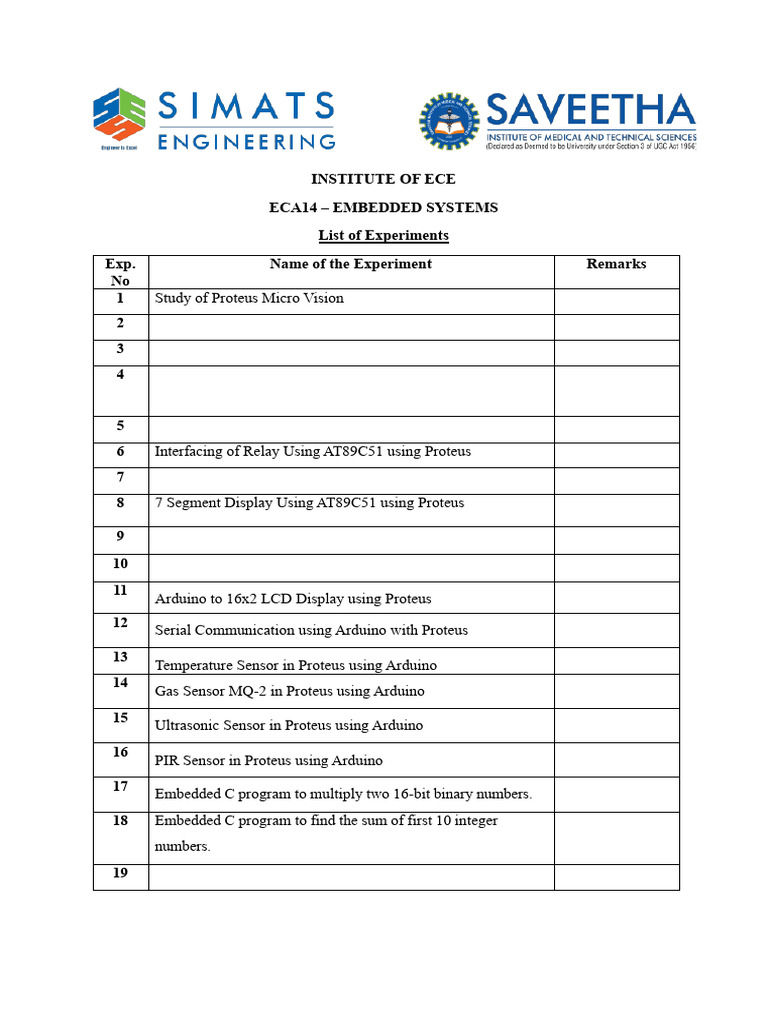 ECA14 Embedded Systems Lab Manual 2025 | PDF | Microcontroller | Arduino