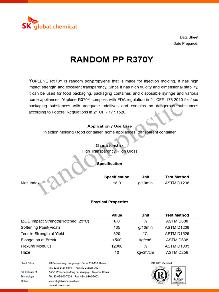 Yuplene R370Y Data Sheet | PDF | Mechanical Engineering | Industrial ...