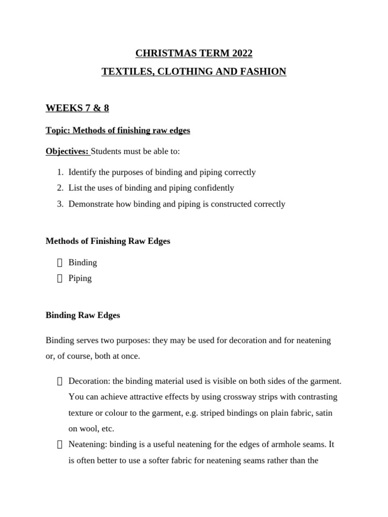 Methods of Finishing Raw Edges | PDF | Seam (Sewing) | Softlines (Retail)