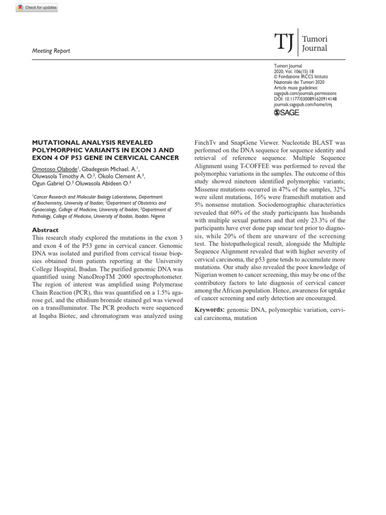 Olabode Et Al 2020 Mutational Analysis Revealed Polymorphic Variants in ...