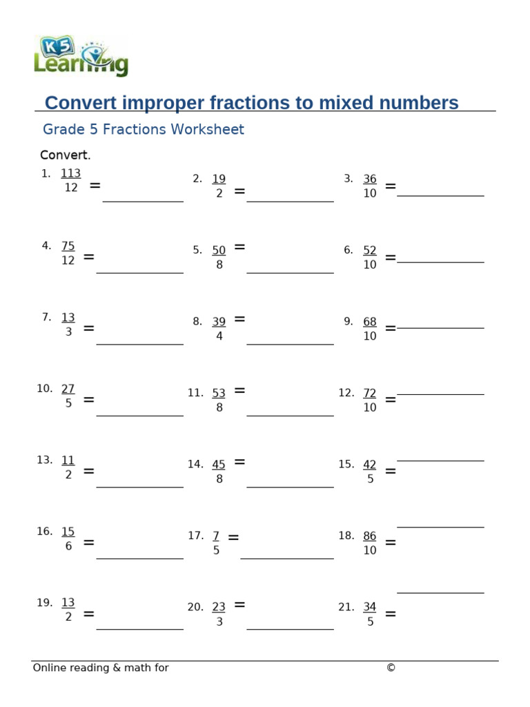 Grade 5 Improper Fractions To Mixed Numbers A | PDF | Mathematical ...