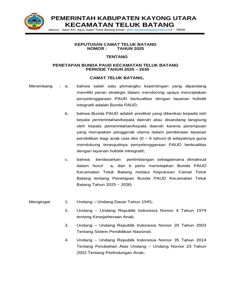 Penetapan Bunda PAUD Teluk Batang 2025-2030 | PDF