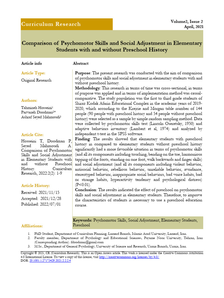 Comparison of Psychomotor Skills and Social Adjustment in Elementary ...