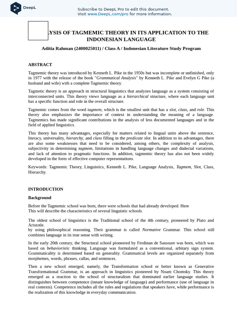 Tagmemic Theory in Indonesian Linguistics | PDF | Semantics | Linguistics