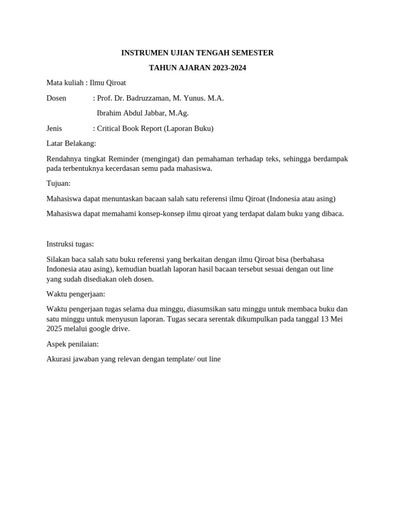 INSTRUMEN UTS BOOK REPORT ILMU QIROAT 2024 | PDF