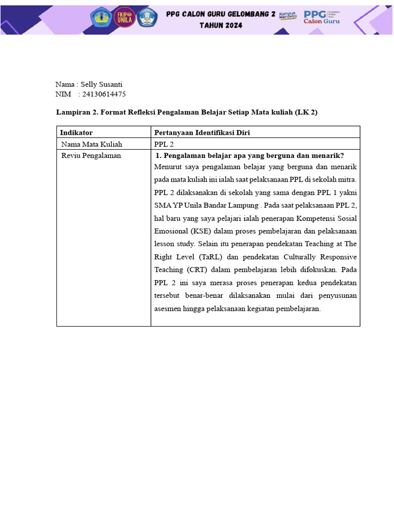 Jurnal Refleksi Selly Susanti PPL2 | PDF
