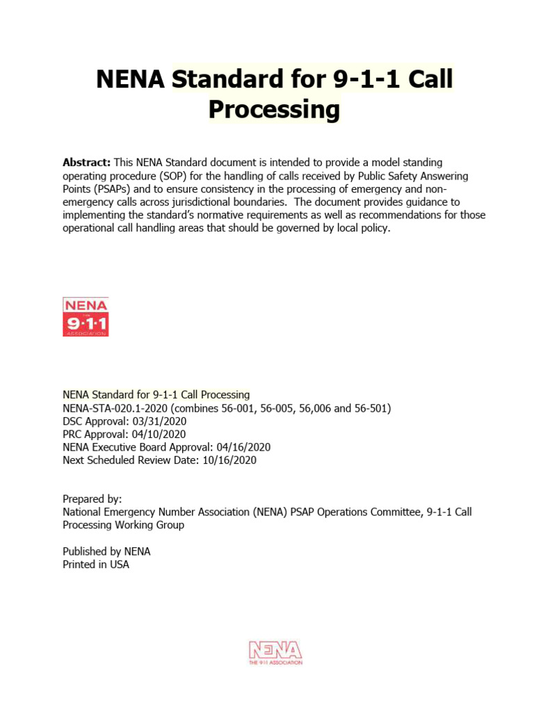 NENA 9-1-1 Call Processing Standards | PDF | Telecommunications
