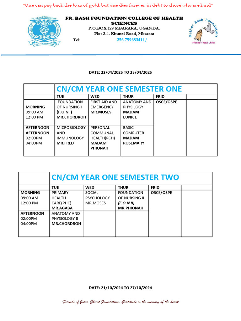 Fr. Bash Foundation College Timetable | PDF | Health Care | Medicine