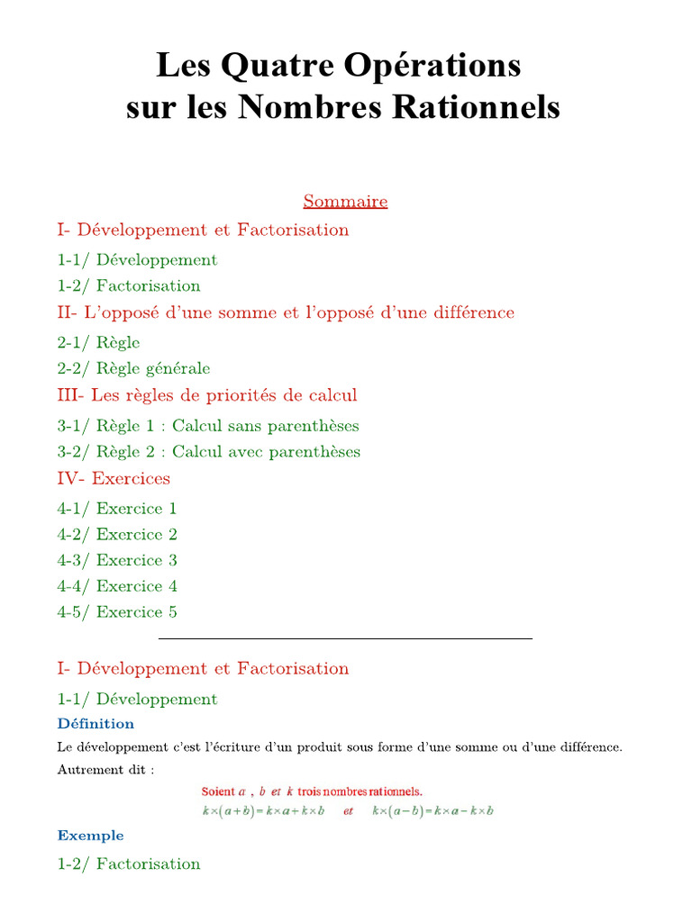 Cours 4 - Les Quatre Opérations Sur Les Nombres Rationnels | PDF
