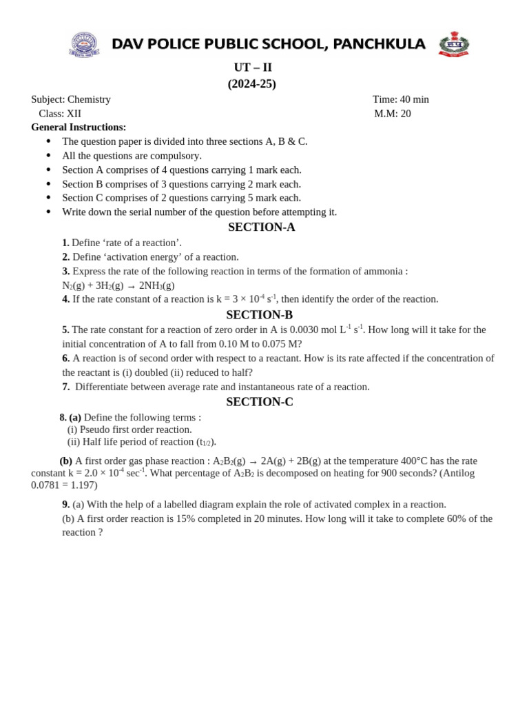 Class XII Chemistry Ut2 (2024-25) | PDF