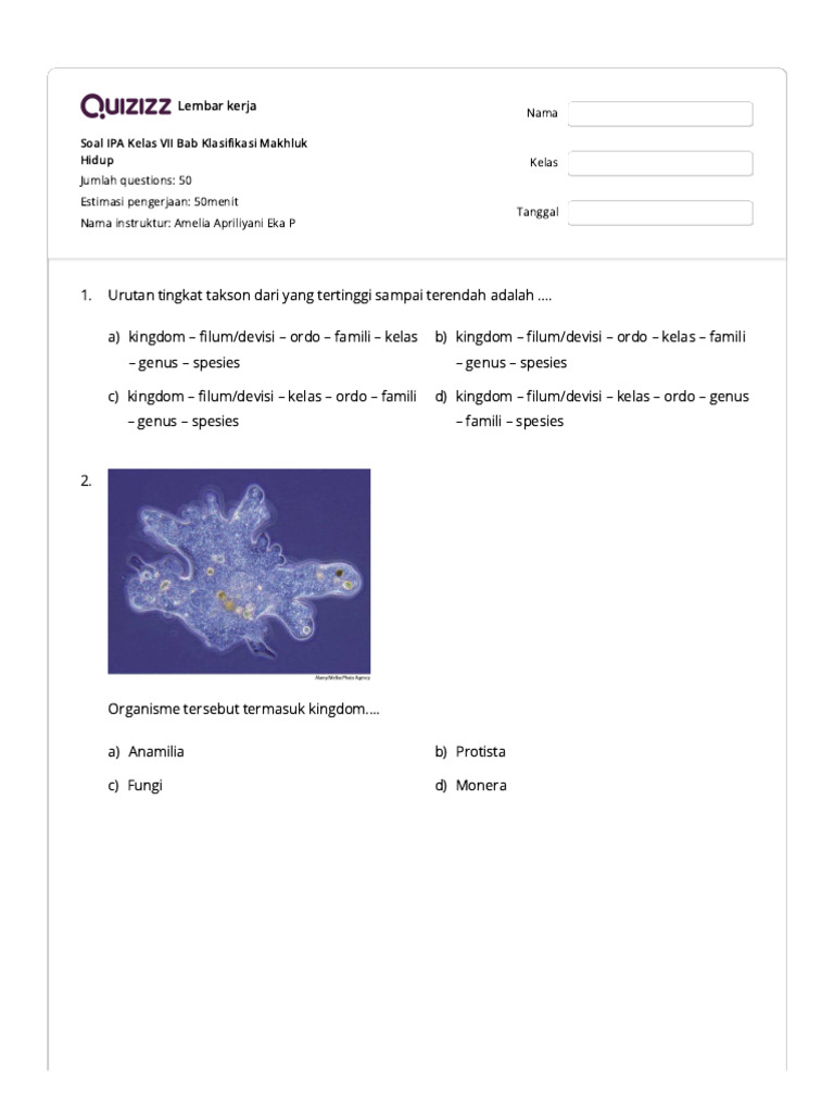 Soal IPA Kelas VII Bab Klasifikasi Makhluk Hidup - Quizizz | PDF