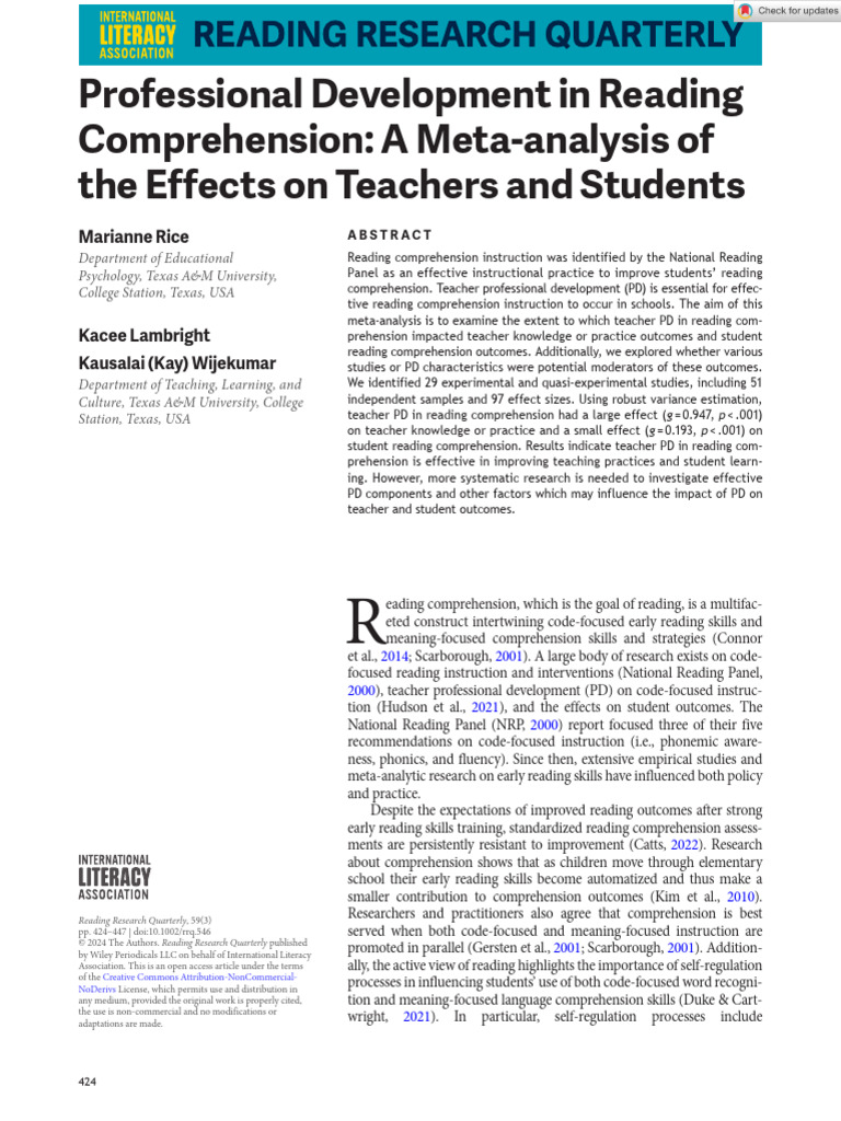 Reading Research Quarterly - 2024 - Rice - Professional Development in ...