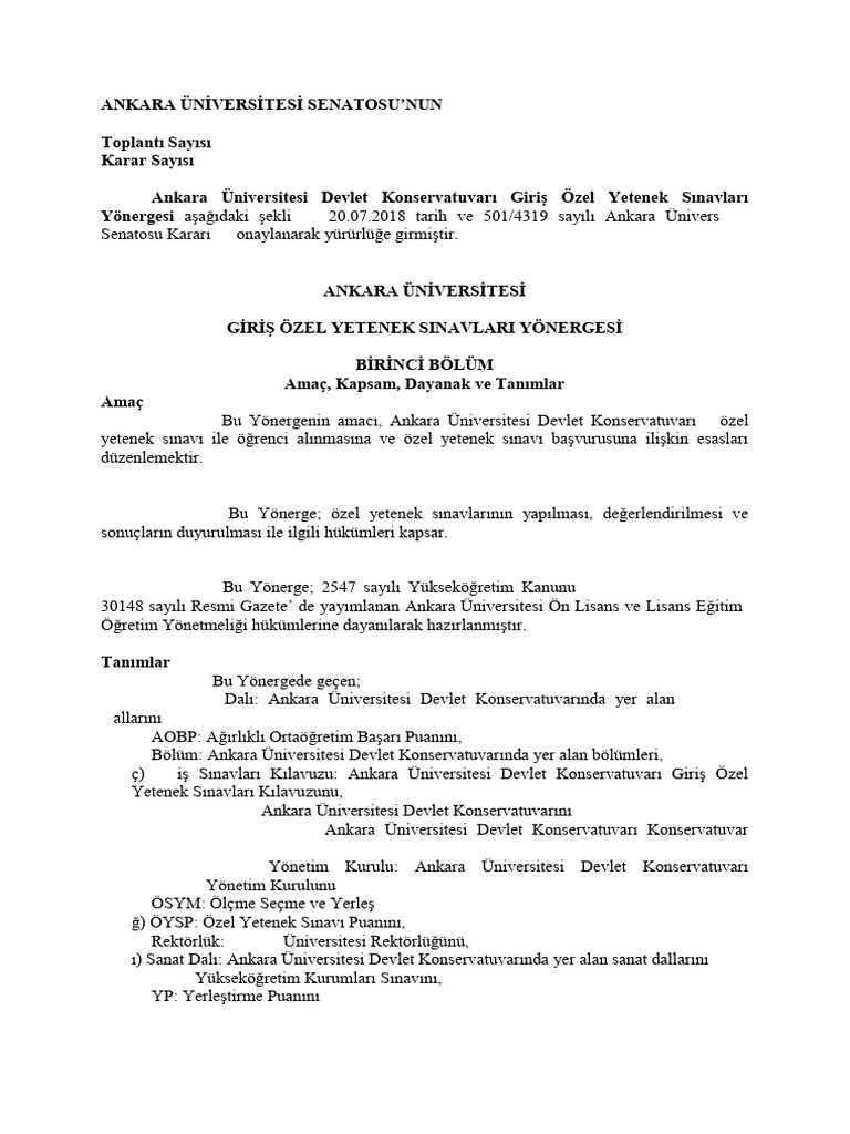 Devlet Konservatuvari Ozel Yetek Sinavlari Yonergesi 2022 Yili Son Hali | PDF