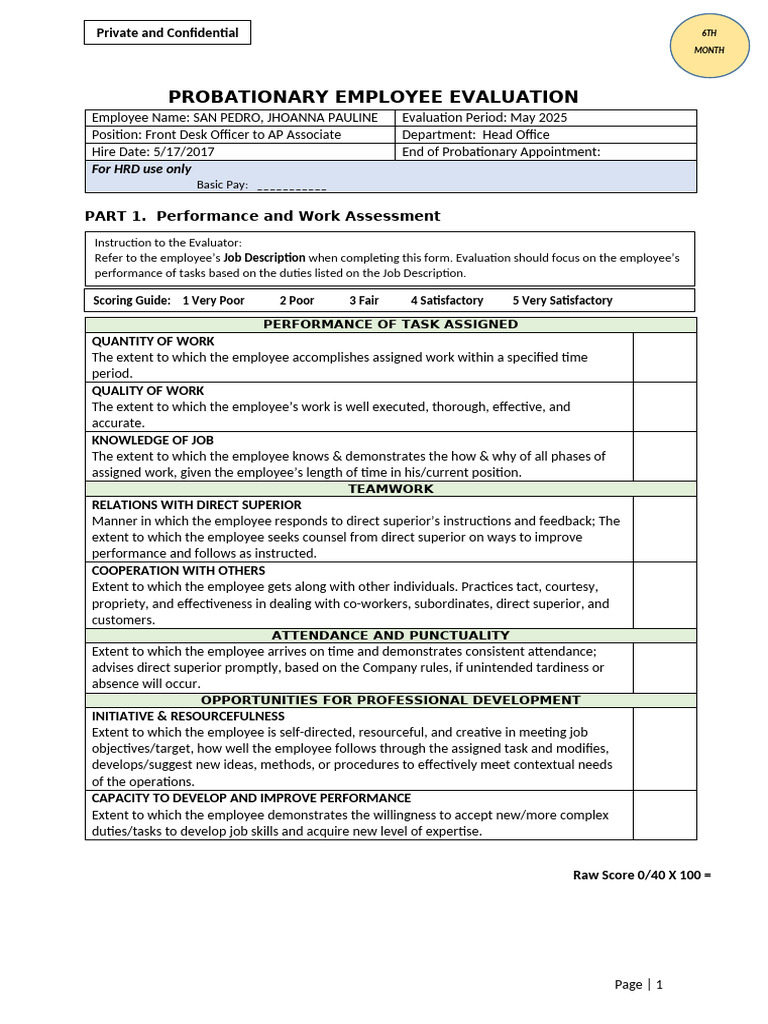 6TH MONTH EVALUATION FORM - SAN PEDRO | PDF | Evaluation | Business