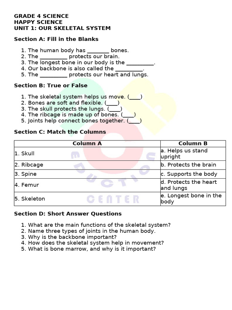 Grade 4 Science: Skeletal System Unit | PDF