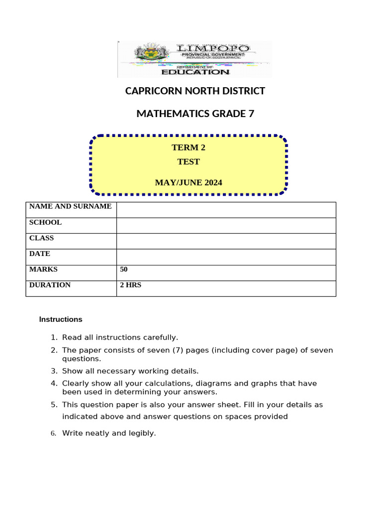 MATHEMATICS GRADE 7 TERM 2 2024 QUESTION PAPER - 240517 - 111952 ...