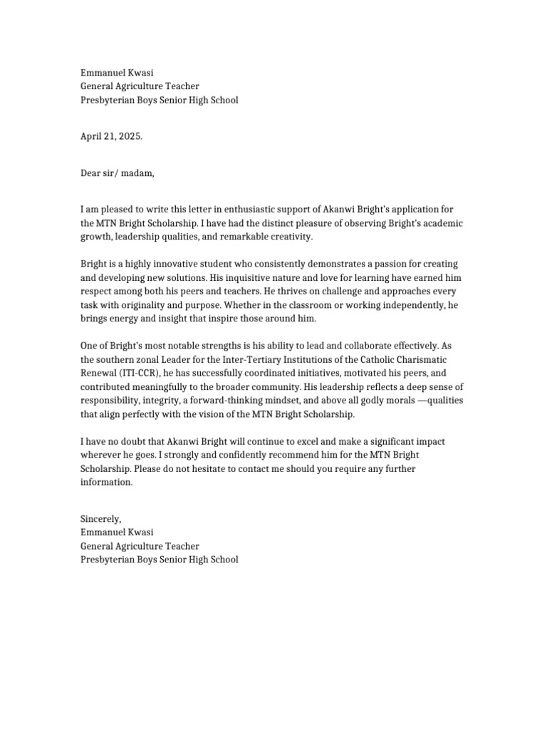 Recommendation Letter Akanwi Bright | PDF