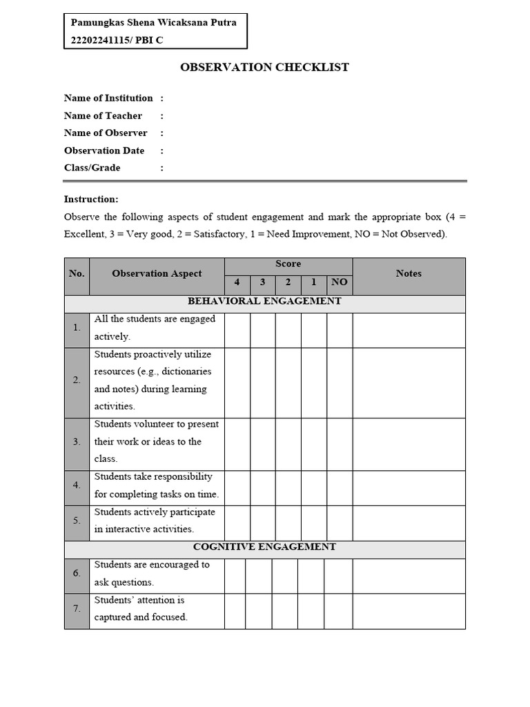 Pamungkas Shena Wicaksana Putra - Observation Checklist | PDF | Teachers | Cognition