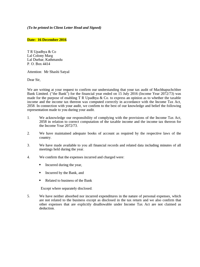 Tax Representation Letter | PDF | Depreciation | Income Tax