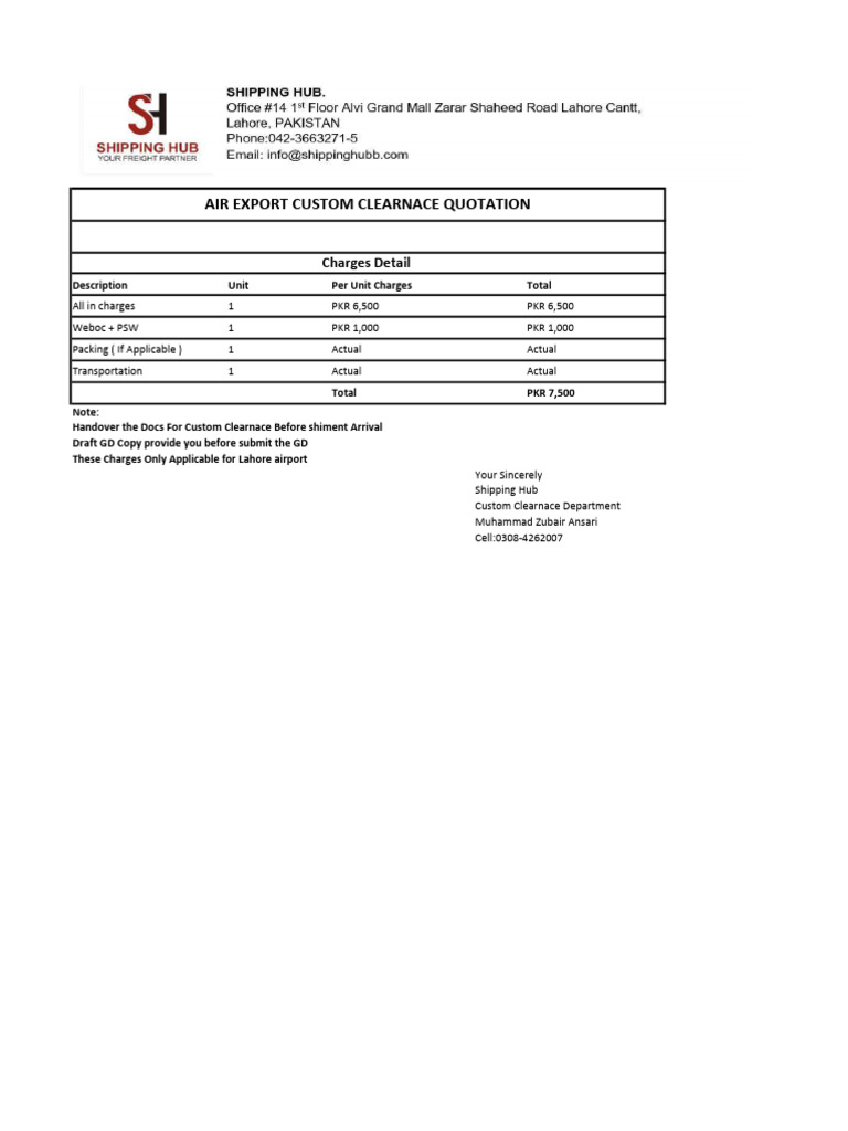 Air Export Custom Clearnace Quotation: Charges Detail | PDF