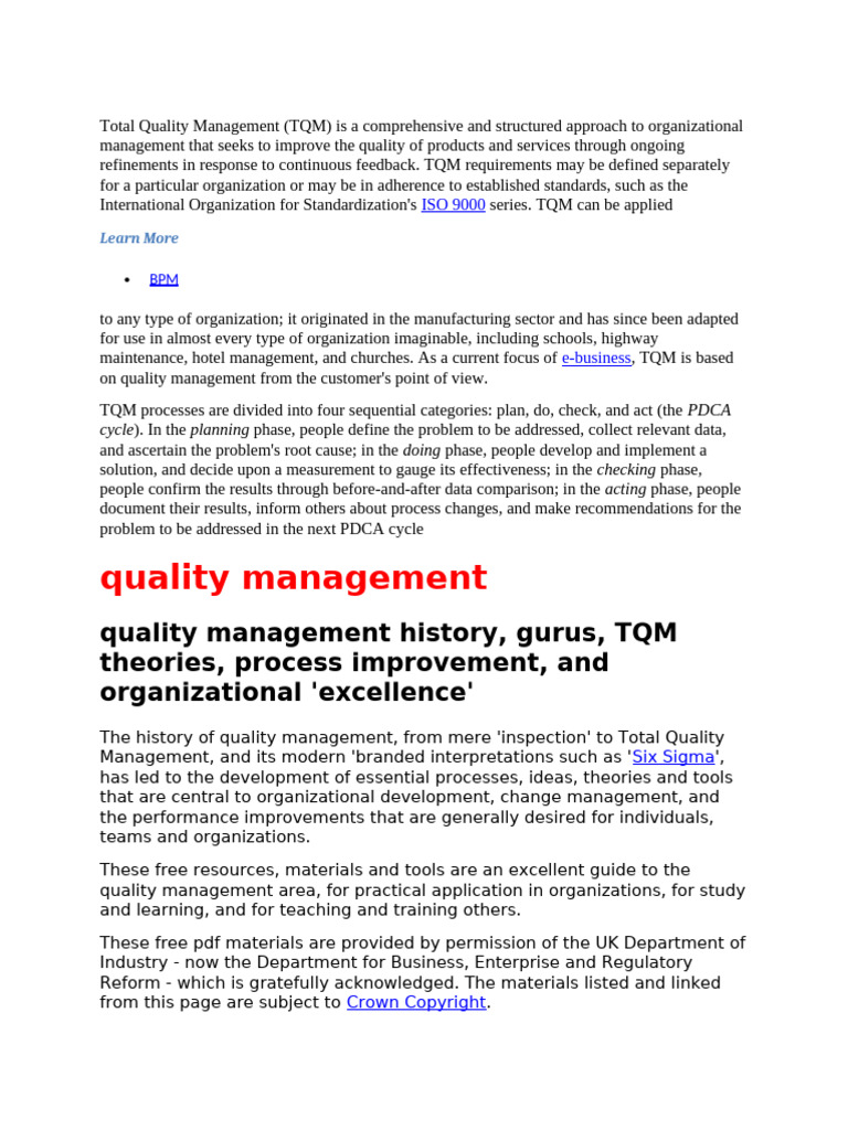 Total Quality Management Importance | PDF | Quality Management | Quality Management System