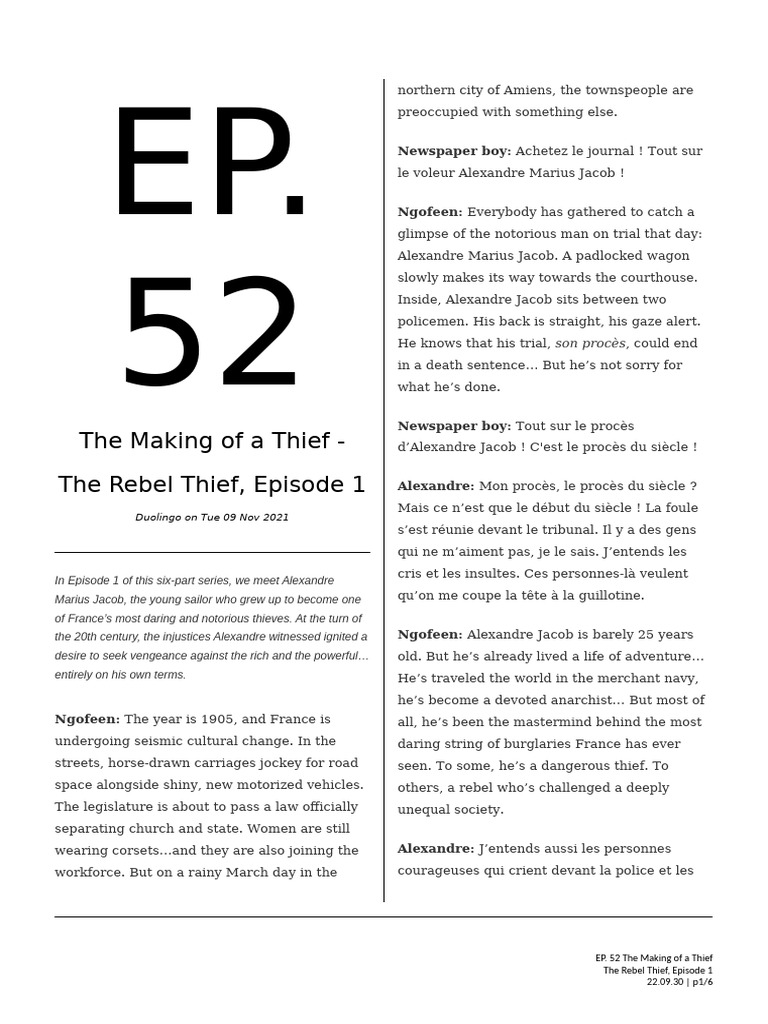 EP52 The Making of A Thief - The Rebel Thief, Episode 1 Duolingo French Podcast | PDF