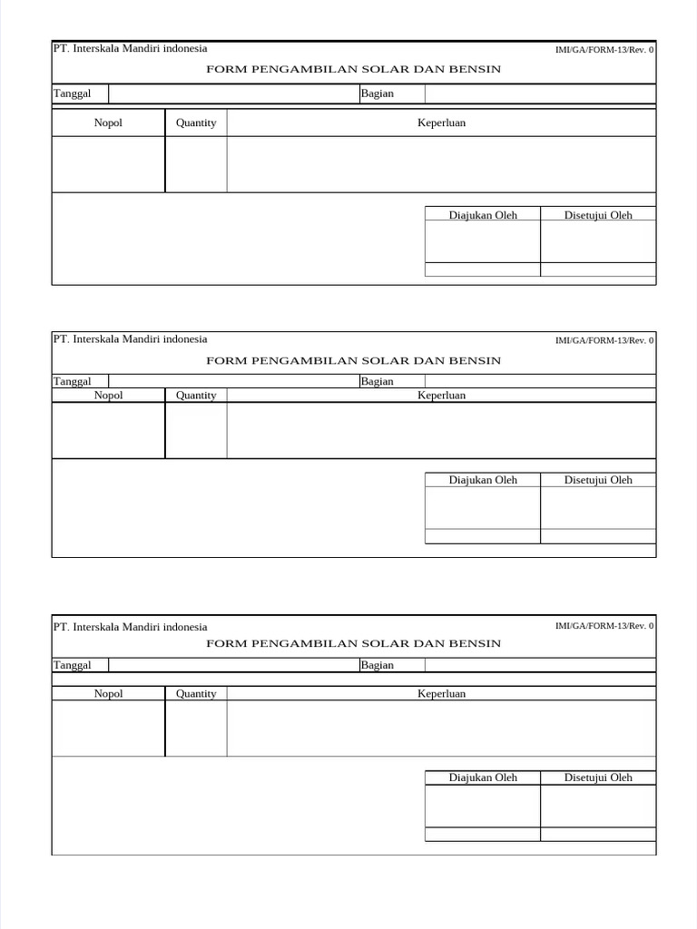 Form Pengambilan Solar Dan Bensin: IMI/GA/FORM-13/Rev. 0 | PDF
