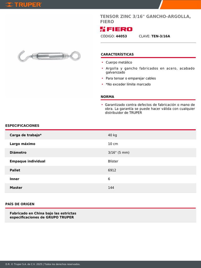 Tensor Zinc 3/16" Gancho-Argolla, Fiero: Características | PDF