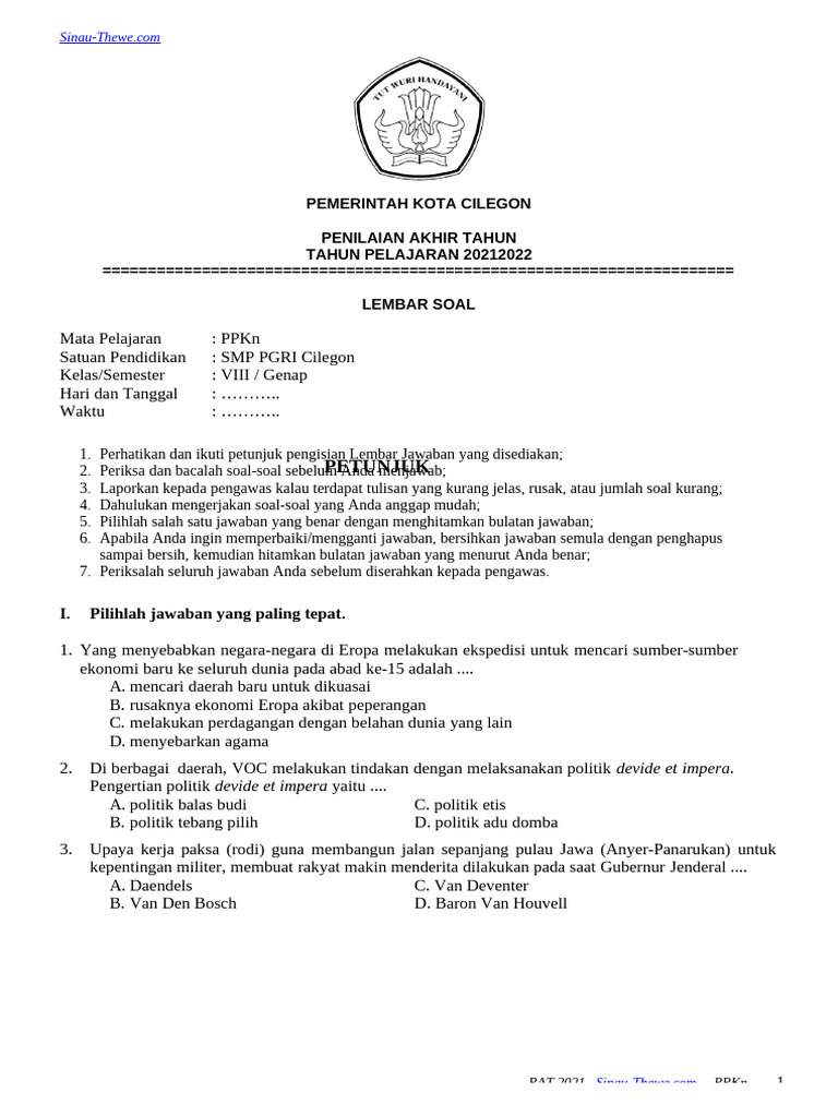 Naskah PAT Kelas 8 PPKN | PDF