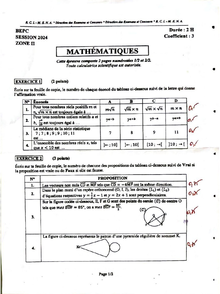 Bepc Sujet +corrige - Mathematique Zone 2 2024 | PDF