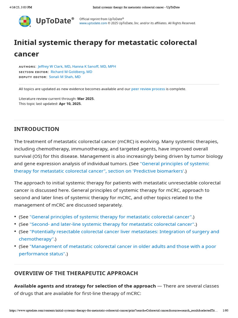 Initial Systemic Therapy for Metastatic Colorectal Cancer - UpToDate ...