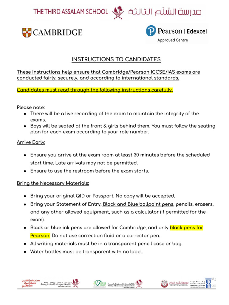 Exam Instructions for Candidates | PDF