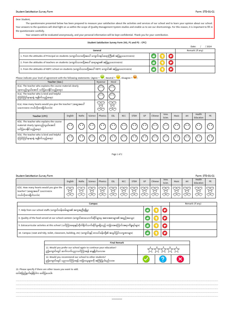 STD-01-C1 (KG, P1 and P2 CPC) Students Satisfication Survey Form | PDF